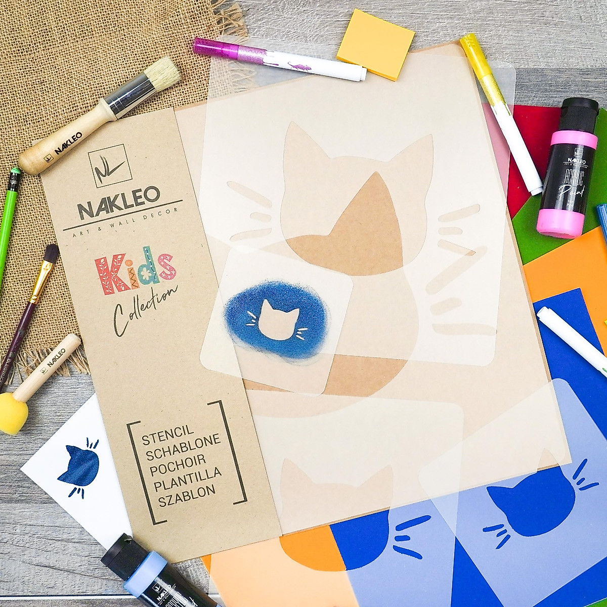 NAKLEO 5 pcs Reusable Plastic Stencils - Cat Kitten Animal - 13.4" to 3.5" - Pattern Children Kids Painting Template Room Decor - Craft DIY Wall Furniture