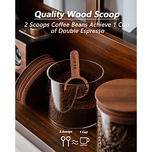 BOILMERIT 500ml Glass Coffee Canister with Wooden Lids and Scoop, Kitchen Coffee Container Set of 2 Hold Up to Total 12 oz of Coffee Bean, Airtight Food Storge Jars for Ground Coffee Bar Cereal Snack