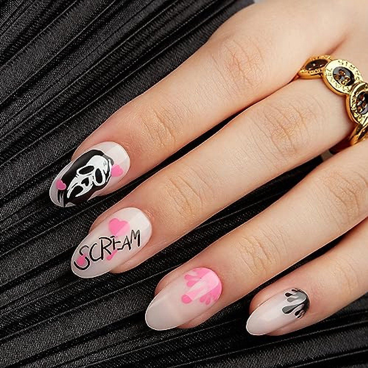 Halloween Press on Nails Short Almond Pink False Nails, Gel Acrylic Fake Nails with Glue, Salon Effect Natural Fit Reusable Glue on Nails Set 14Size 28Pcs, Halloween Design