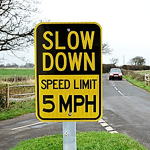 (3 Pack) Slow Down Speed Limit 5 MPH Sign, Slow Down Sign, 18" x 12" Engineer Grade Reflective Sheeting, Rust Free Aluminum, Weather Resistant, Waterproof, Fade Resistant, 2 Pre-drilled Holes