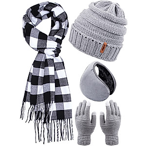 Aneco Winter Warm Knitted Sets Buffalo Plaid Scarf Beanie Hat Touch Screen Gloves and Winter Ear Warmer Set for Men or Women