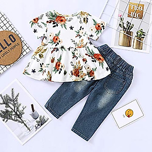 SANMIO Toddler Girl Clothes, Baby Girl Outfits Cute Floral Long Sleeve Ruffle Shirt and Jeans Pants Fall Winter Clothing Set
