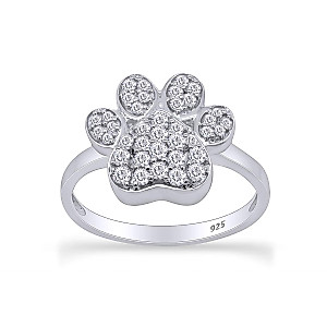 AFFY Round Shape White Cubic Zirconia Dog Pawprint Ring in 14k White Gold Over Sterling Silver (0.4 cttw) Ring Size-5.5