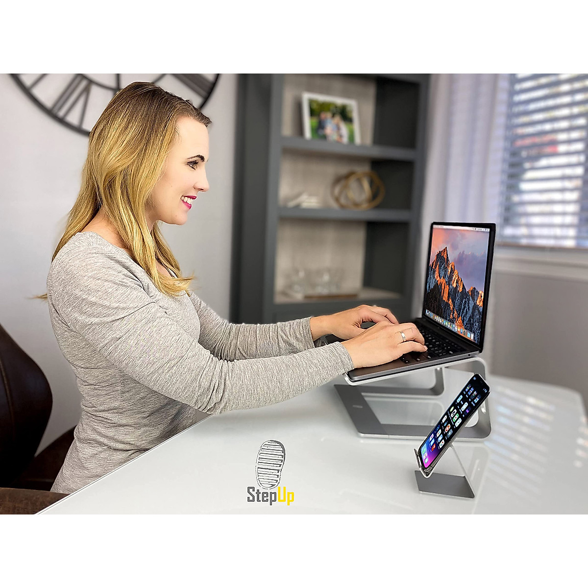 StepUp 2in1 2022 model Laptop Stand For Desk and phone Holder, Docking Ergonomic Aluminum Elevated Stands, Portable Computer Riser, Fits All Raised Devices ipad, Notebook, Macbook Pro 10-17 inch Black