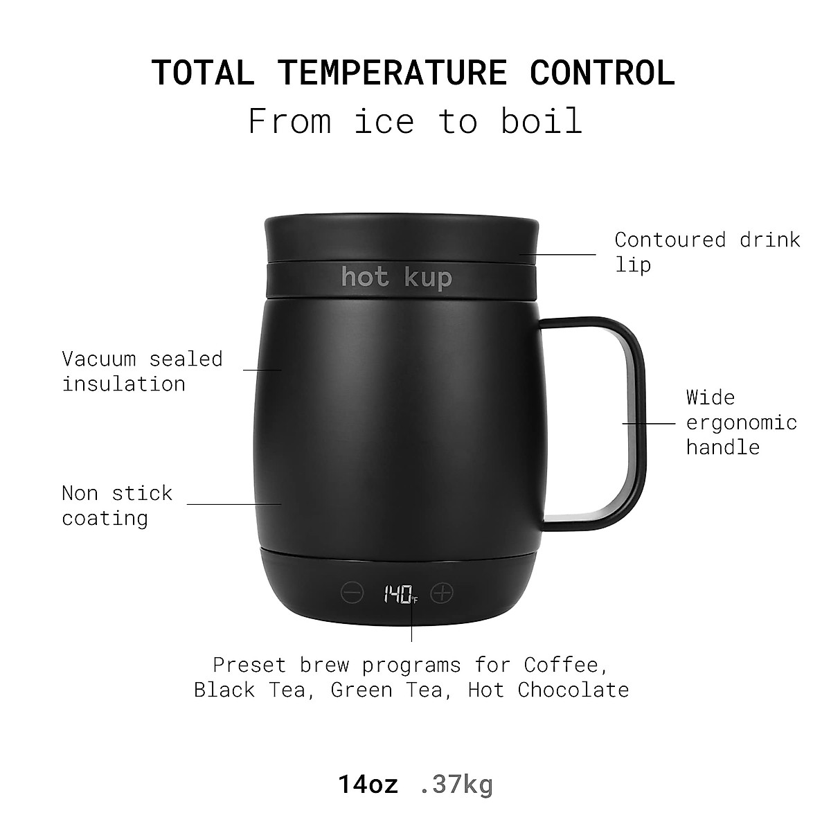 HOT KUP Heated Coffee Mug 14oz Temperature Controlled Smart Cup Black