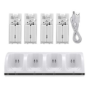 4-in-1 Charging Station for Wii Remote Controller with Rechargeable Batteries and Motion Sensor, Dock, Cable and Adapter - The Ultimate Charger for Nintendo Wii U/Wii（White）