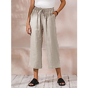 ECUPPER Womens Linen Cropped Pants Loose Casual Capri Cotton Wide Leg Plus Size Elastic Waist with Drawstring Trouses Natural XL