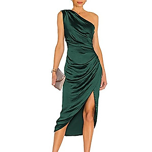 PRETTYGARDEN Women's Elegant Satin Midi Bodycon Dress 2023 Summer One Shoulder Ruched Wrap Cocktail Party Dresses (Dark Green,Large)
