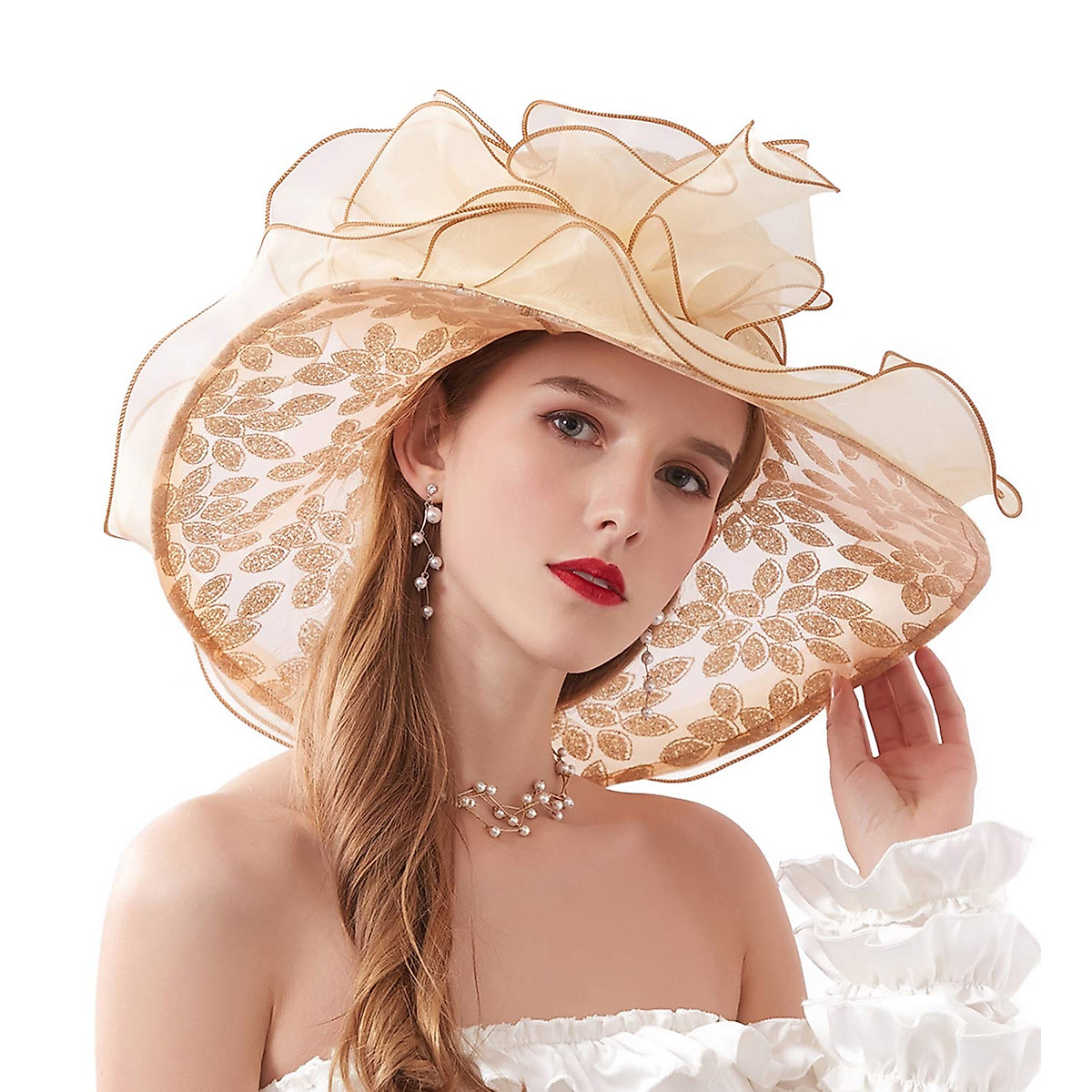 ORIDOOR Women?s Organza Church Kentucky Derby Tea Party Wedding Fascinator Hat UV-Anti Wide Brim Sun Hats, A Gold, One Size