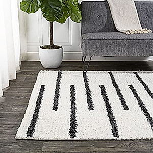 JONATHAN Y MOH402A-3 Alaro Berber Stripe Shag Indoor Area-Rug Bohemian Geometric Contemporary Glam Easy-Cleaning Bedroom Kitchen Living Room Non Shedding, 3 X 5, White/Black