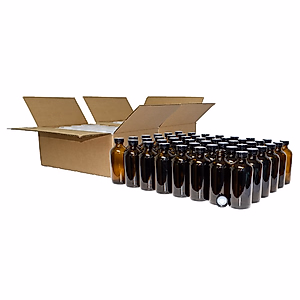 GlassBottleOutlet (Pack of 48) 8 oz. Amber Boston Round with Black Poly Cone Cap