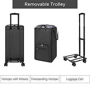 Bukere Extra Large Rolling Laundry Basket with Wheels, 90L Freestanding Collapsible Laundry Hamper Bag for Clothes Storage, Removable Wheeled Cart for College Dorm Apartment Laundry Room Bathroom