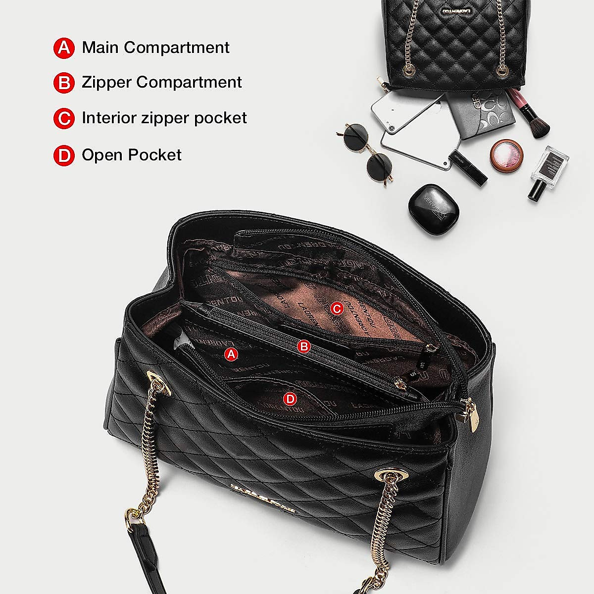 LAORENTOU Cowhide Shoulder Bag for Women Leather Quilted Purses Lady Handbag With Chain Strap