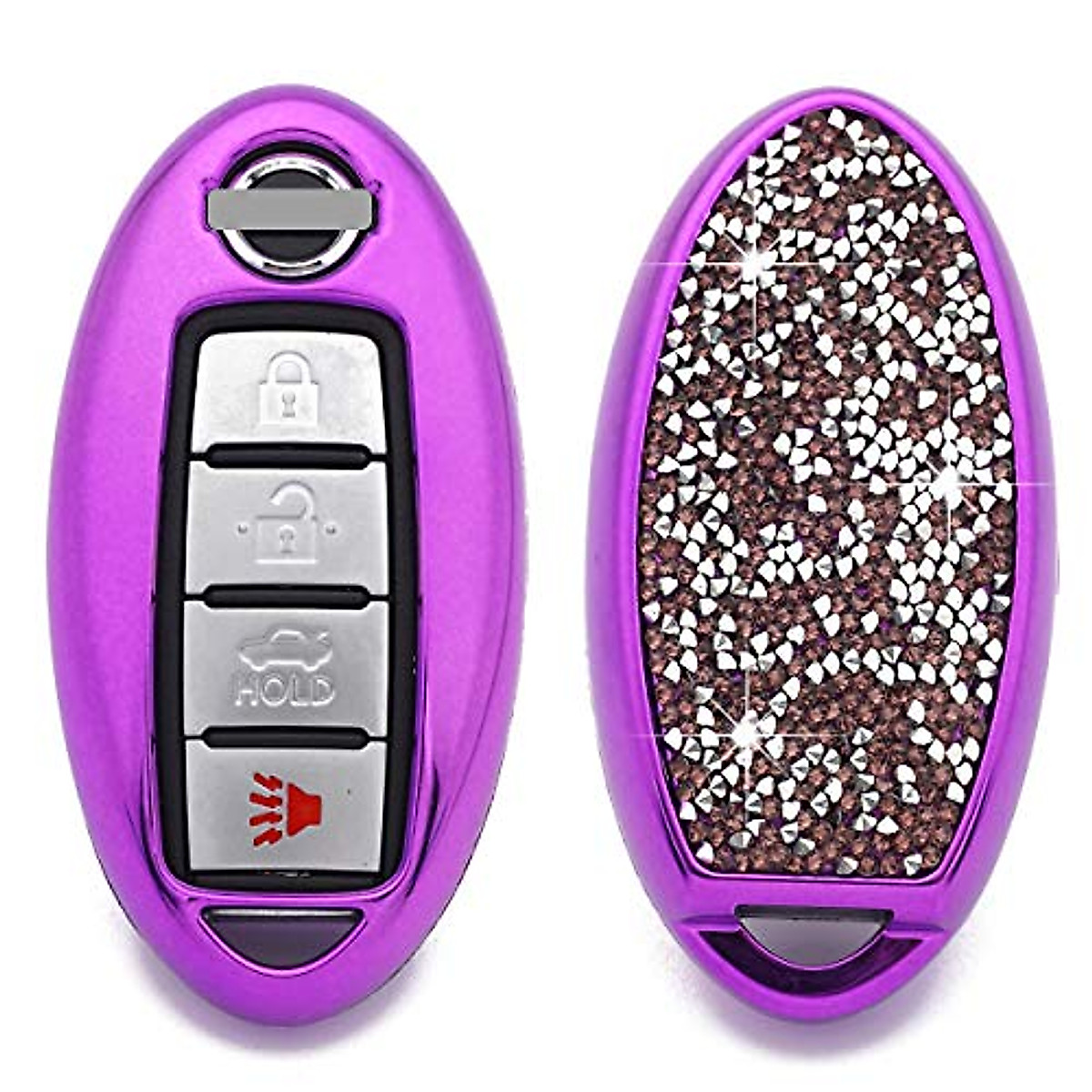 Royalfox 3 4 5 6 Buttons 3D Bling Girly Fashion keyless Remote Smart Key Fob case Cover for Infiniti Nissan Murano Pathfinder Maxima Lannia Altima Sentra Rogue Armada (Purple case only)