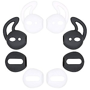 4 Pair Ear Tips Silicone Cover Compatible with AirPods, 2X Super Thin Eartips [Fit in Case] & 2X Anti-Drop Sports Ear Hook Gel [Protective & Great Noise-Isolation], White Black