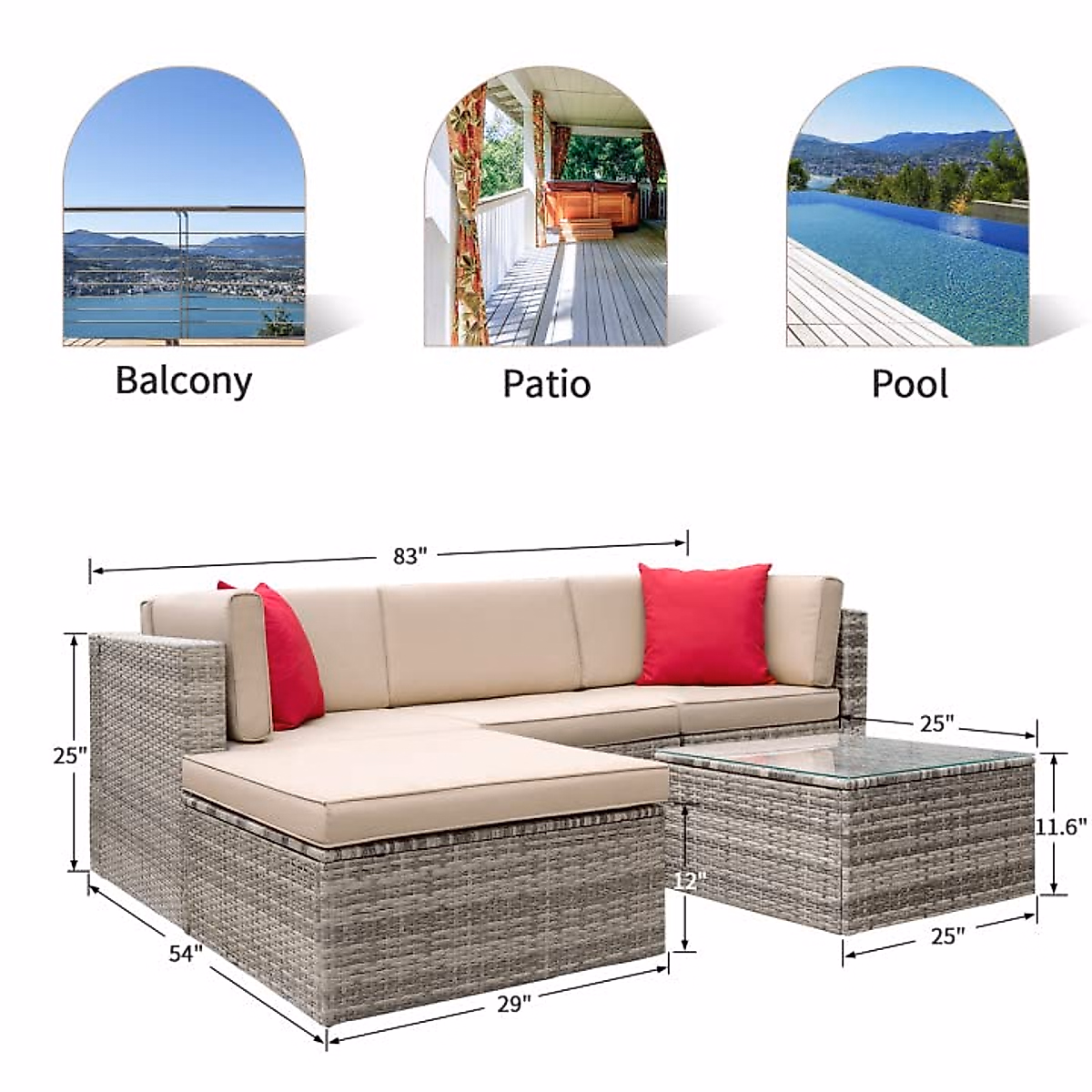 Tuoze 5 Pieces Patio Furniture Sectional Outdoor All Weather PE Rattan Wicker Lawn Conversation Cushioned Sofa Set with Glass Coffee Table (Grey)