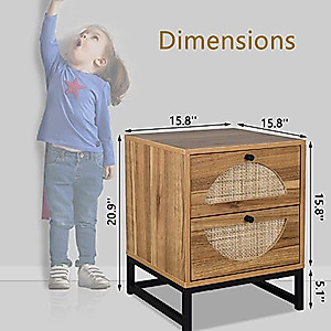 Recaceik Ratten NightStand, Natural End/Bedside Table Cabinet with 2 Ratten Drawers Storage and Metal Legs, Rustic Shelf Bedside End Side Accent Table for Living Room, Bed Room…