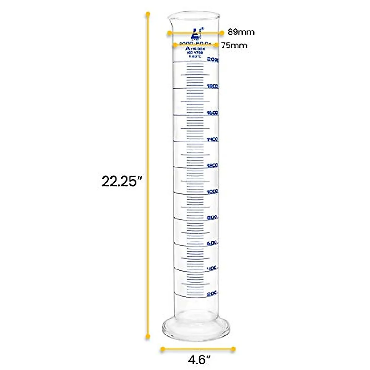 EISCO Graduated Cylinder, 2000ml - Class A Tolerance ±10.0ml - Round Base - Blue Graduations - Borosilicate 3.3 Glass