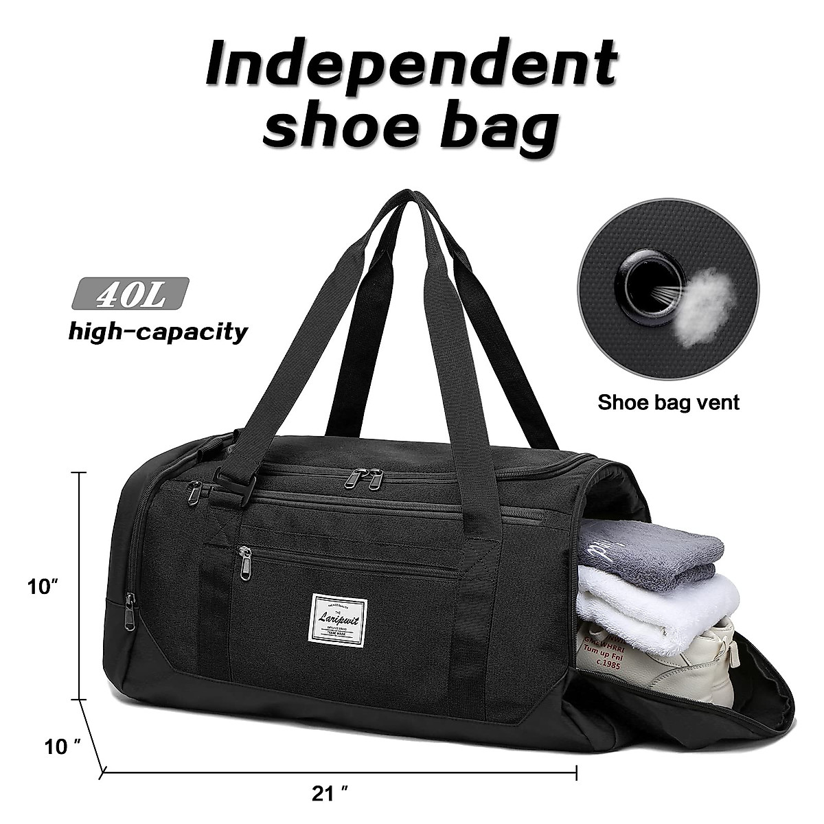 Laripwit Travel Duffle Bag for men 40L Medium Sports Gym Bag with Wet Pocket & Shoes Compartment Weekender Overnight Backpack for Traveling Duffel Bag Backpack for Women, Black