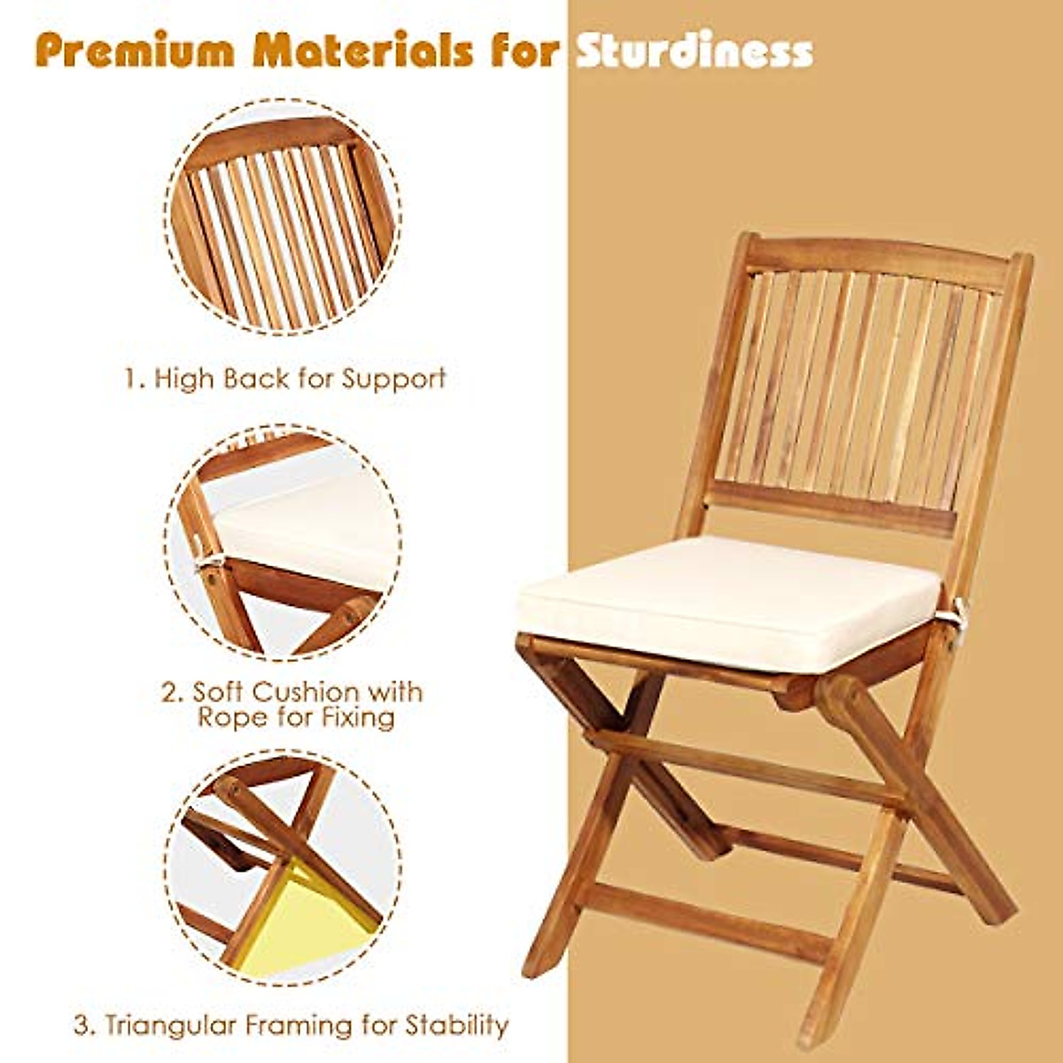 Giantex 3Pcs Patio Bistro Set, Wood Folding Table Set, 2 Cushioned Chairs for Garden Yard, Outdoor Furniture Round Table (Natural & Beige)