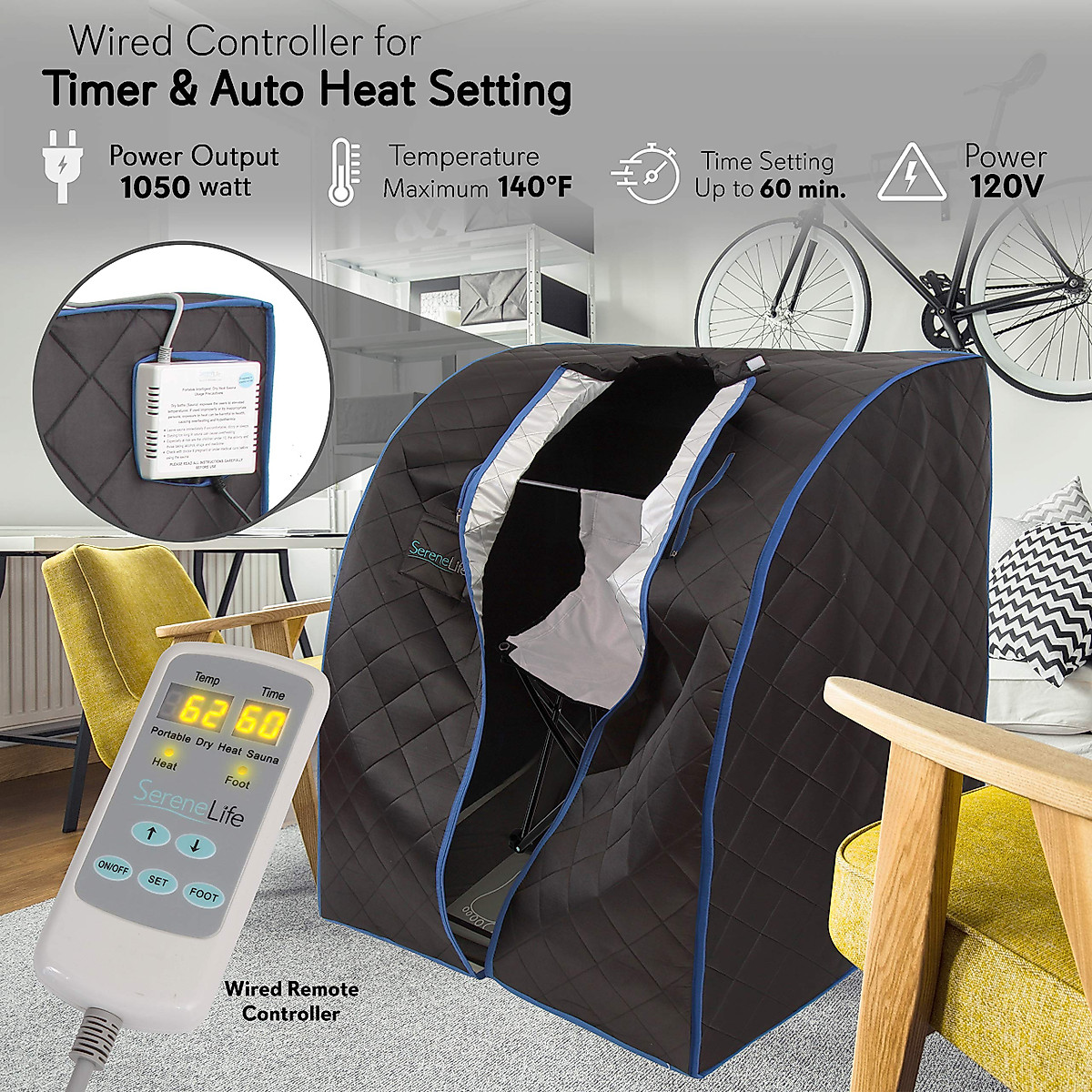 SereneLife Oversize Portable Infrared Home Spa | One Person Sauna | with Heating Foot Pad & Portable Chair, SLISAU20BK, Black