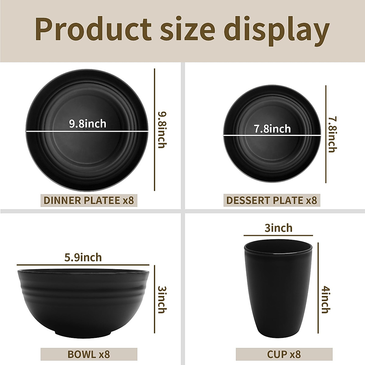 VIVAHEARTH 16-Piece Wheat Straw Dinnerware Sets, Dishes Set for 4, Unbreakable Plates, Bowls, Cups Sets for Kitchen Parties Camping RV - Black