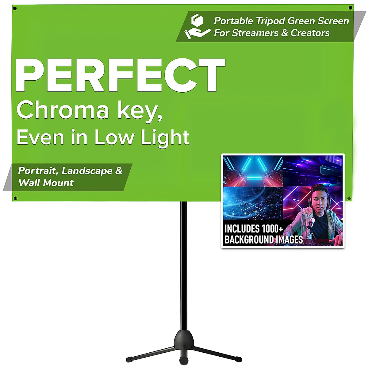 Valera Explorer Green Screen with Stand - Portable Chroma Key Panel, 1000 Free Backgrounds Included, Wrinkle Resistant Green Fabric Backdrop, Tripod & Wall Mount, Carry Case, Portrait & Wide Landscape