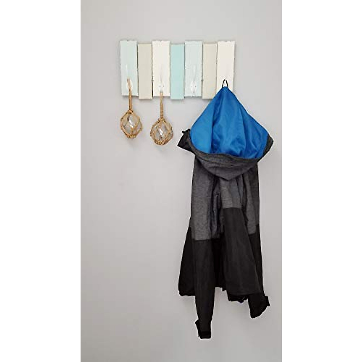 Tumbler Home Beachy Wood Wall Rack-4 Double Metal Hooks-Distressed Beach Decor Finish 16 inch x 8 inch