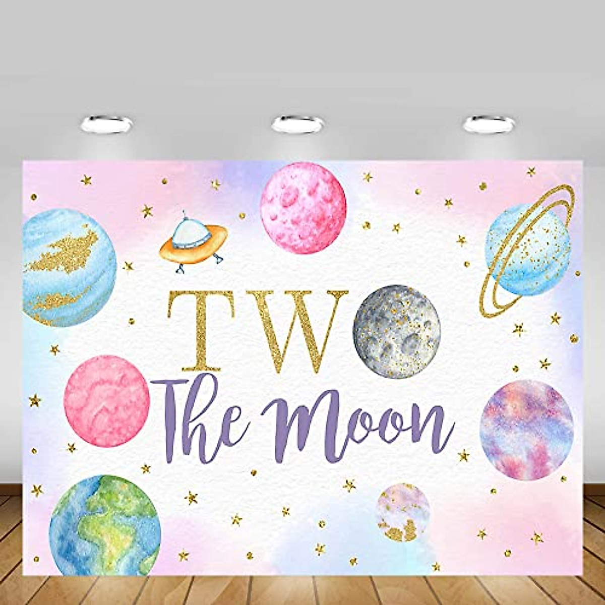 MEHOFOND 7x5ft Outer Space Two The Moon Backdrop Girl Happy 2nd Birthday Pink Gold Party Supplies Galaxy Planets Stars Theme Background Decor Photobooth Props Banner