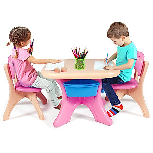 HONEY JOY Kids Table and Chair Set, Plastic Children Activity Table and 2 Chair Set w/Storage Bins, 3 Piece Child Furniture Set for Daycare Playroom, Toddler Table and Chair Set for Boys Girls(Pink)