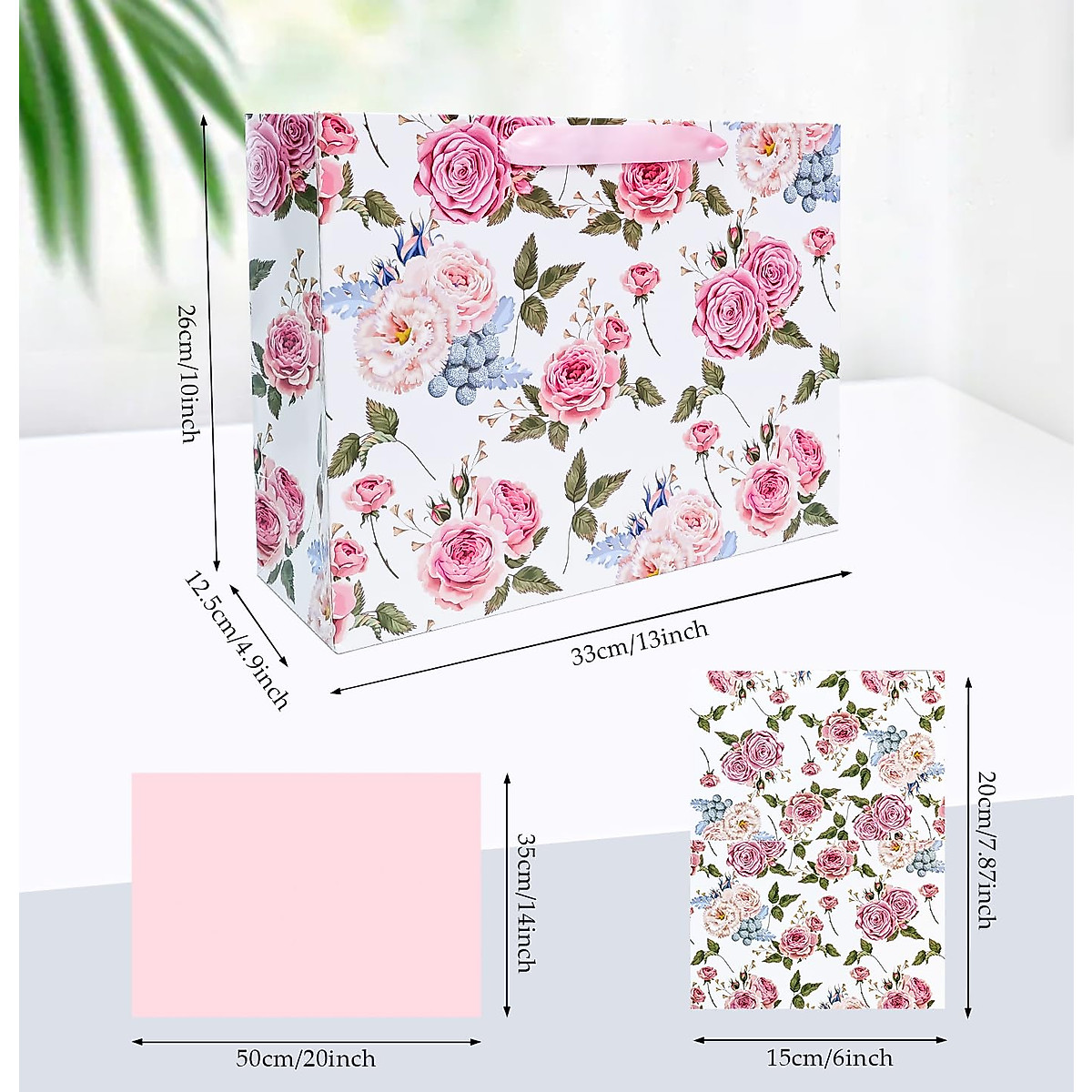 MUNILAIL 13 Inches Large Gift Bag for Women Flower Gift Bag with Handle Tissue Paper and Greeting Card for Birthday Wedding Bridal Shower Party Large Pink Paper Gift Bag