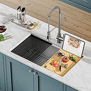 Kraus KCBT-WS103BB Solid Bamboo Cutting Board with Mobile Device Holder for Workstation Kitchen Sink (16 3/4 in. x 12