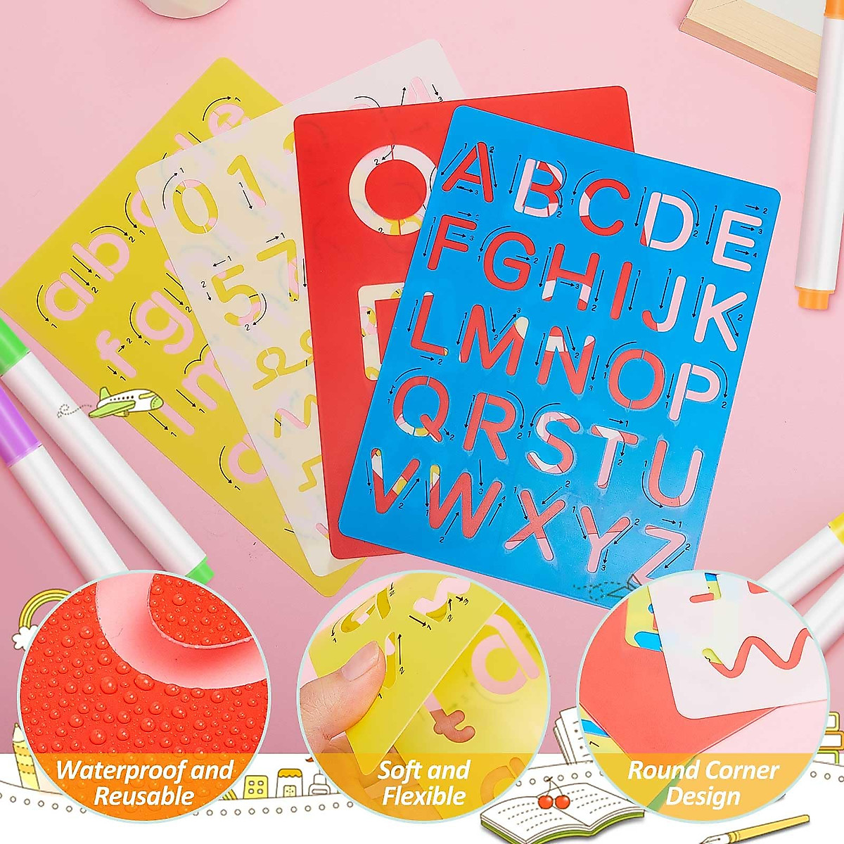 Gersoniel 10 Pieces Preschool Letters and Numbers Alphabet Stencils Colorful Double Sided Tracing Board PET Paint Boards for Painting with Craft Markers Marker Paint Pens Preschool Learning Toys