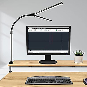 Mostorlit Double Head LED Desk Lamp, Eye Care Architect Tall Task Table Lamp with Clamp, 24W Super Bright Workbench Office Lighting for Monitor Studio Reading (Black)