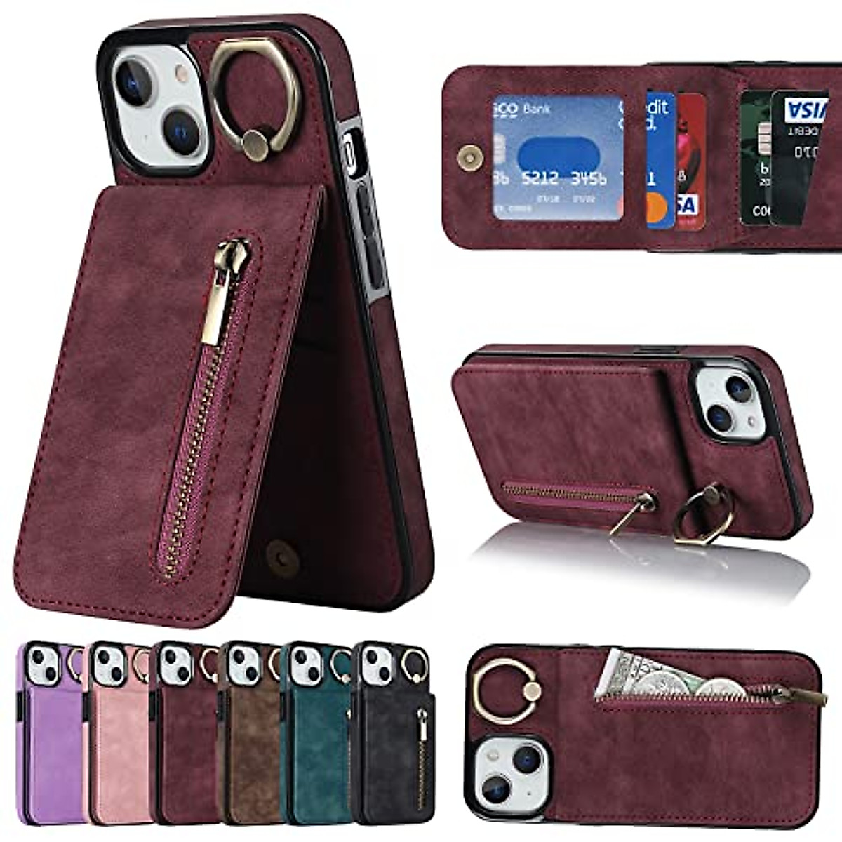 Nunwiza for iPhone 14 Case/iPhone 13 Case Wallet with Card Holder, Leather Protective Case Purse with Ring Holder for Apple iPhone 14 6.1 inch Wine Red