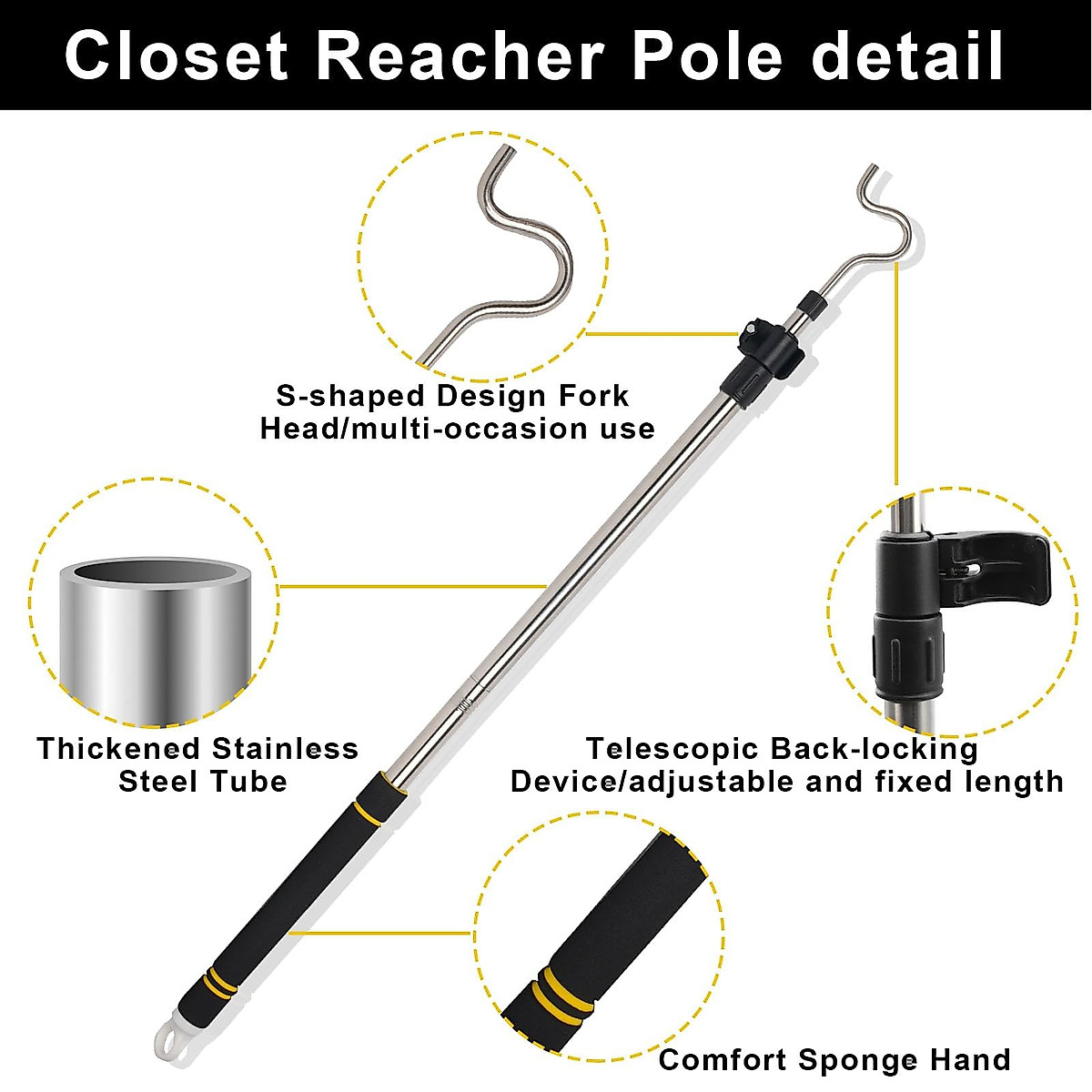 Clothes Hanger Reaching Hook, Attic Pull Down Hook Extendable 36-66inch Sponge Handle Hard to Break Apply to Closet Poles for Hanging Clothes Closet Extender Hanging Rod Clothesline Pole.