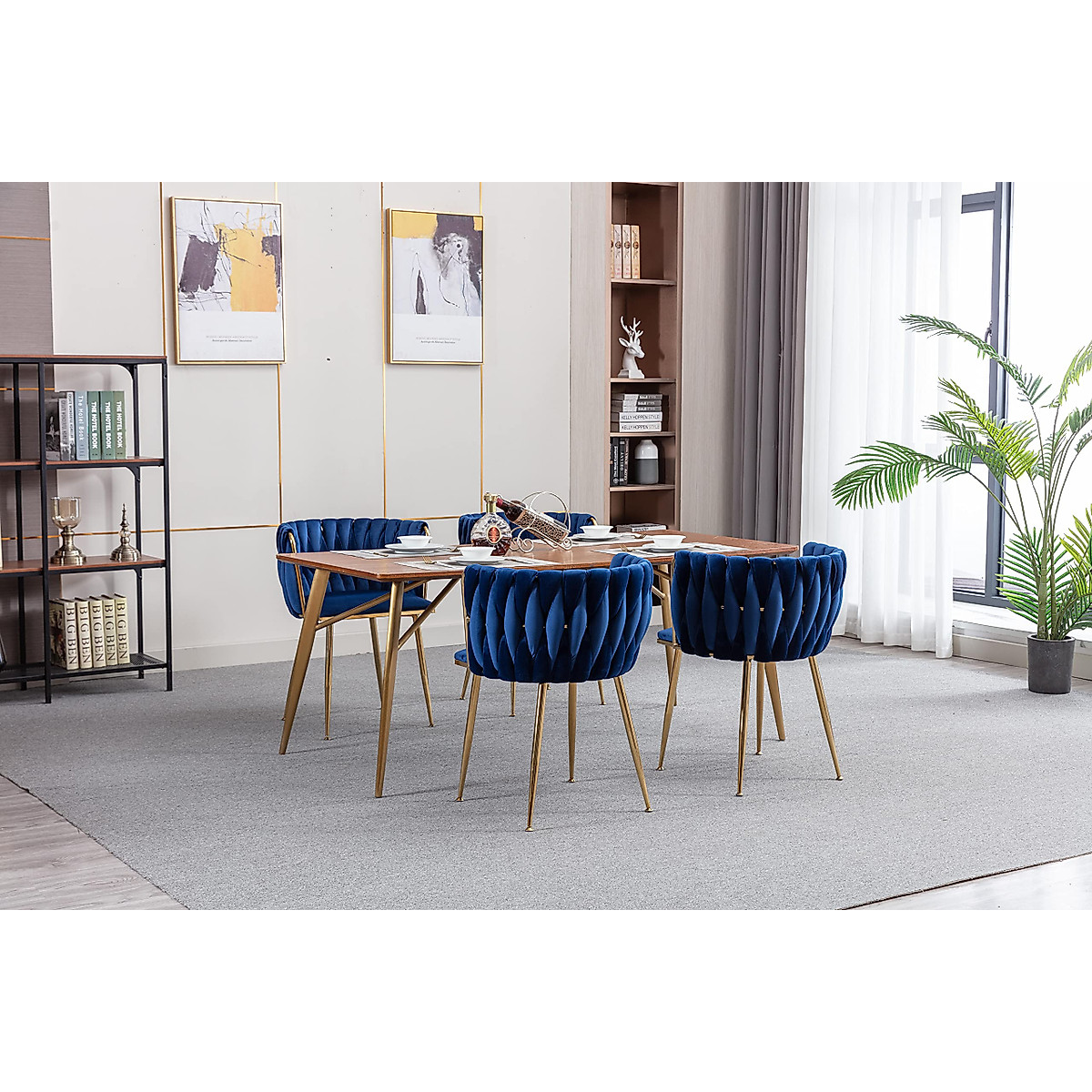 TXFTRR Velvet Dining Chairs Set of 4, Velvet Dining Chair with Woven Hollow Backrest Design, Modern Dining Chair Set with Gold Metal Legs, Upholstered Velvet Chairs for Dining Room, Living Room