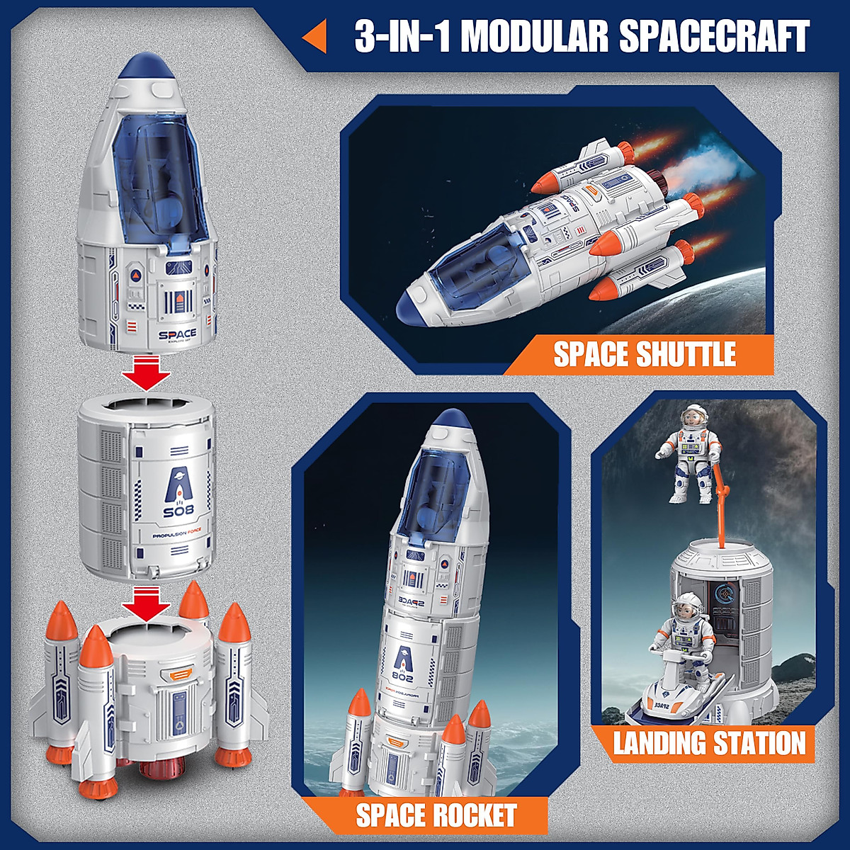BLOONSY Rocket Ship Toys for Kids | Rocketship Space Shuttle Toys Model with Astronaut Figures | Space Toys for Kids 3 5 7 8 Years Old