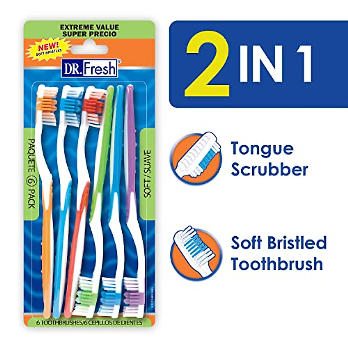 Dr. Fresh Extreme Value Toothbrush Soft Bristles, 6 Count (Pack of 6)