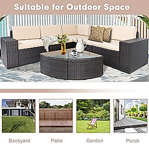 SUNCROWN 6-Piece Outdoor Sectional Patio Sofa Furniture Set, All-Weather Brown Wicker Conversation Set with Washable Cushions and Wedge Coffee Table, Beige