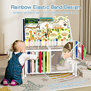 MESHDO Kids Book Shelf with Storage, 3 Sling Bookshelf for Kids, Metal Book Shelf for Kids Rooms, Bookcase with Toy Storage Organizer Box on Wheels for Nursery, Toddler's Room, Bedroom, Playroom