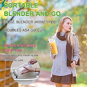 Portable Blender for Shakes and Smoothies, 22 Oz Portable Blender Usb Rechargeable, Mini Blender Portable, Waterproof Blender,240watts, with 6 Ultra-Sharp Blades for Travel, Office & Sports (White)