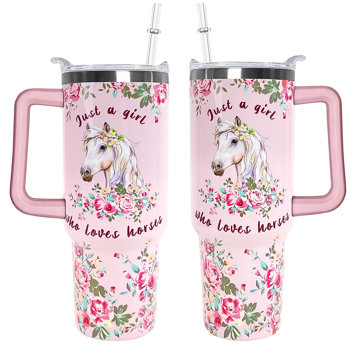 Omezin 40 Oz Horse Tumbler With Handle - 40oz Double Insulated Travel Coffee Mug With Lid and Straw - Horse Lover Gifts for Women