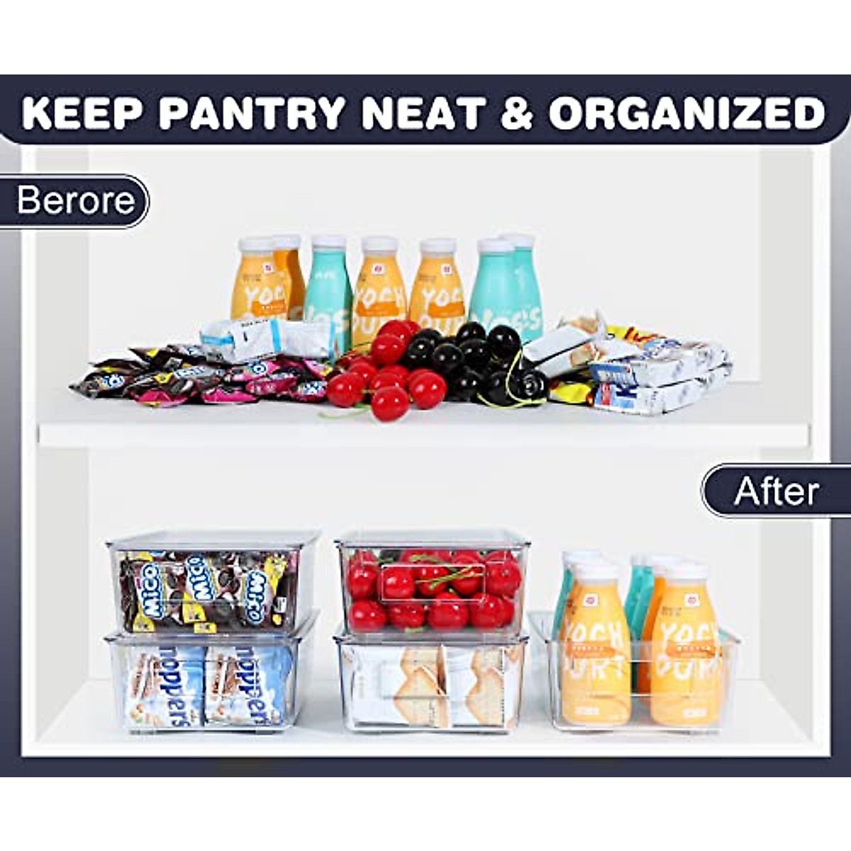 Plastic Storage Bin with Lid and Divider, ESARORA Clear Shallow Pantry Organizer with Handle for Fridge, Cabinet, Kitchen, Bedroom, Closet, Bathroom, Office, Pantry Organization, 8 Pack 10.28 inch