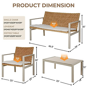 Grand patio Outdoor Furniture Set, 4-Piece Wicker Patio Furniture Set with Beige Cushions, Modern Metal Conversation Loveseat Chairs with Glass Top Coffee Table for Porch Deck Backyard Balcony