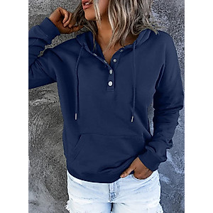 Dokotoo Womens Sweatshirt Ladies Fall Tops Drawstring Hoodies Sweatshirts for Women Long Sleeve Hooded Pullover with Pockets Button Collar Fleece Casual Basic Simple Winter Shirts Tops Blue XL