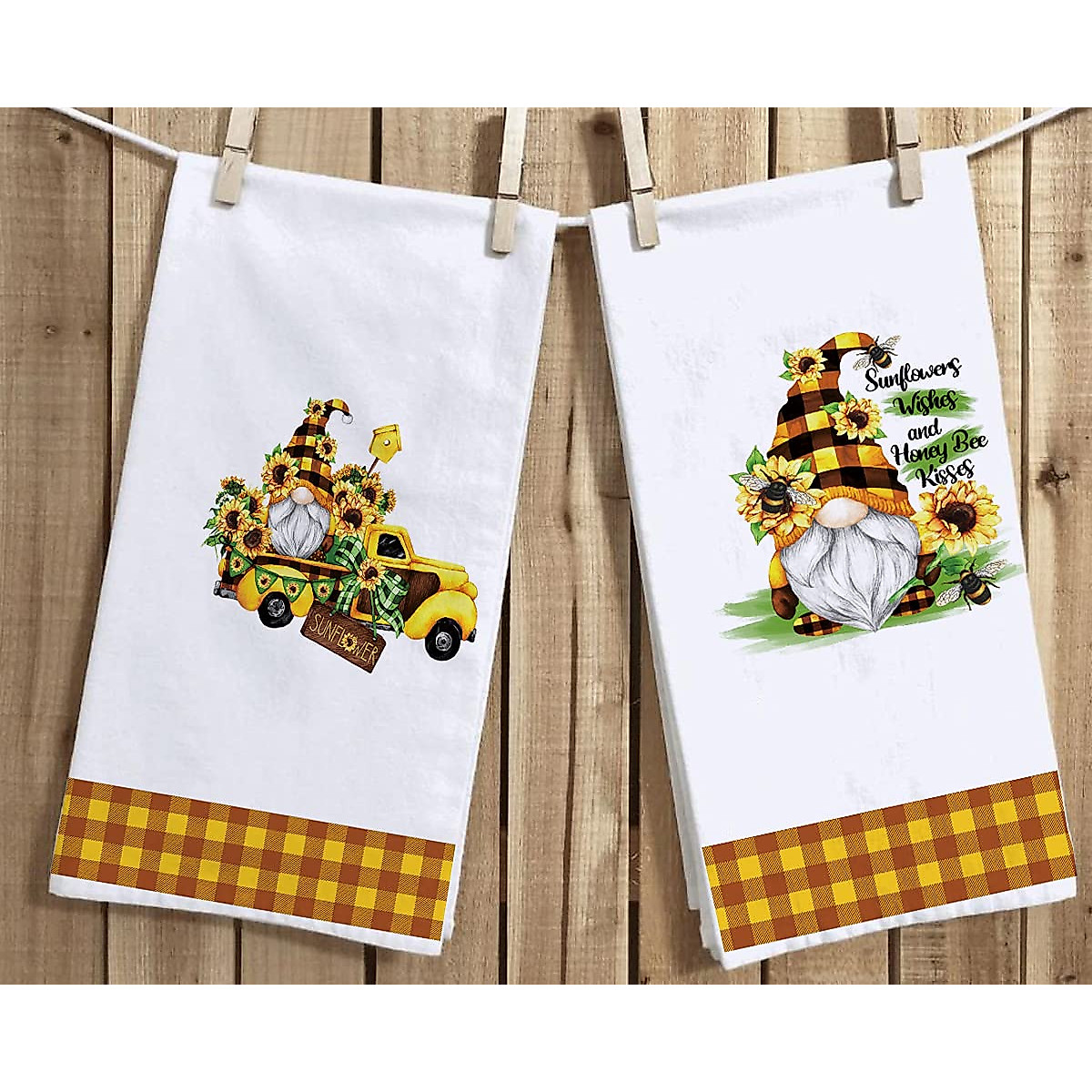 Set of 2 Sunflower Gnome Kitchen Dish Towel 18 x 28 Inch, Seasonal Spring Summer Buffalo Plaid Sunflower Truck Tea Towels Dish Cloth for Cooking Baking