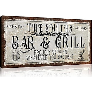 Tailored Canvases Custom Bar and Grill Sign - Canvas Wall Art Decor for Man Cave, Hideout, Kitchen, Pub, Diner and Restaurant - Rustic Bar & Grill Hook on Cloth with 1 Beer Mug and Griller, 20x10