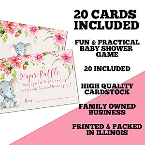 Amanda Creation Watercolor Dahlia Floral Elephant Diaper Raffle Tickets for Girl Baby Showers, 20 2" X 3” Double Sided Inserts, Bring a Pack of Diapers to Win Favors & Prizes!