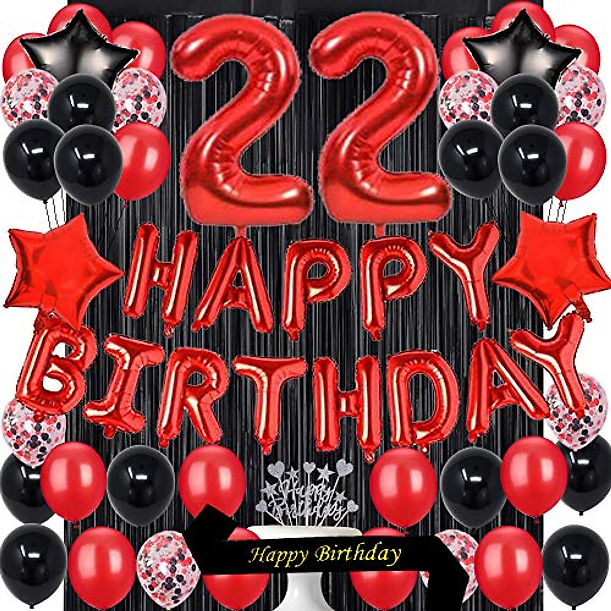 Fancypartyshop 22ND Birthday Party Decorations Supplies Red Black Later Balloons Happy Birthday Cake Topper Sash Foil Black Curtains Foil Star Balloons Number Red 22